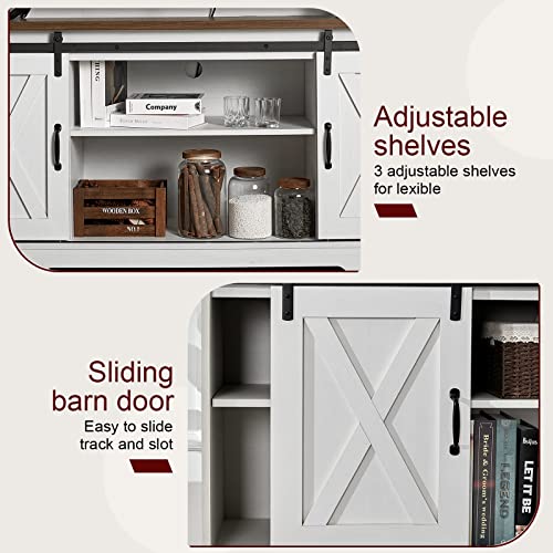 AMERLIFE 4-Piece Farmhouse Table Set Includes Sliding Barn Door TV Stand, Coffee Table& Two End Tables, Side Table with Charging Station and USB Ports, for Living Room, Bedroom, Distressed White, 59β