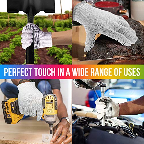 ABC String Knit Gloves with Grip Dots 10'', Pack of 24 White Work Cotton Gloves with Polyester Materials, Reusable PVC Dotted Working Gloves, Safety Work Gloves for Industrial Work