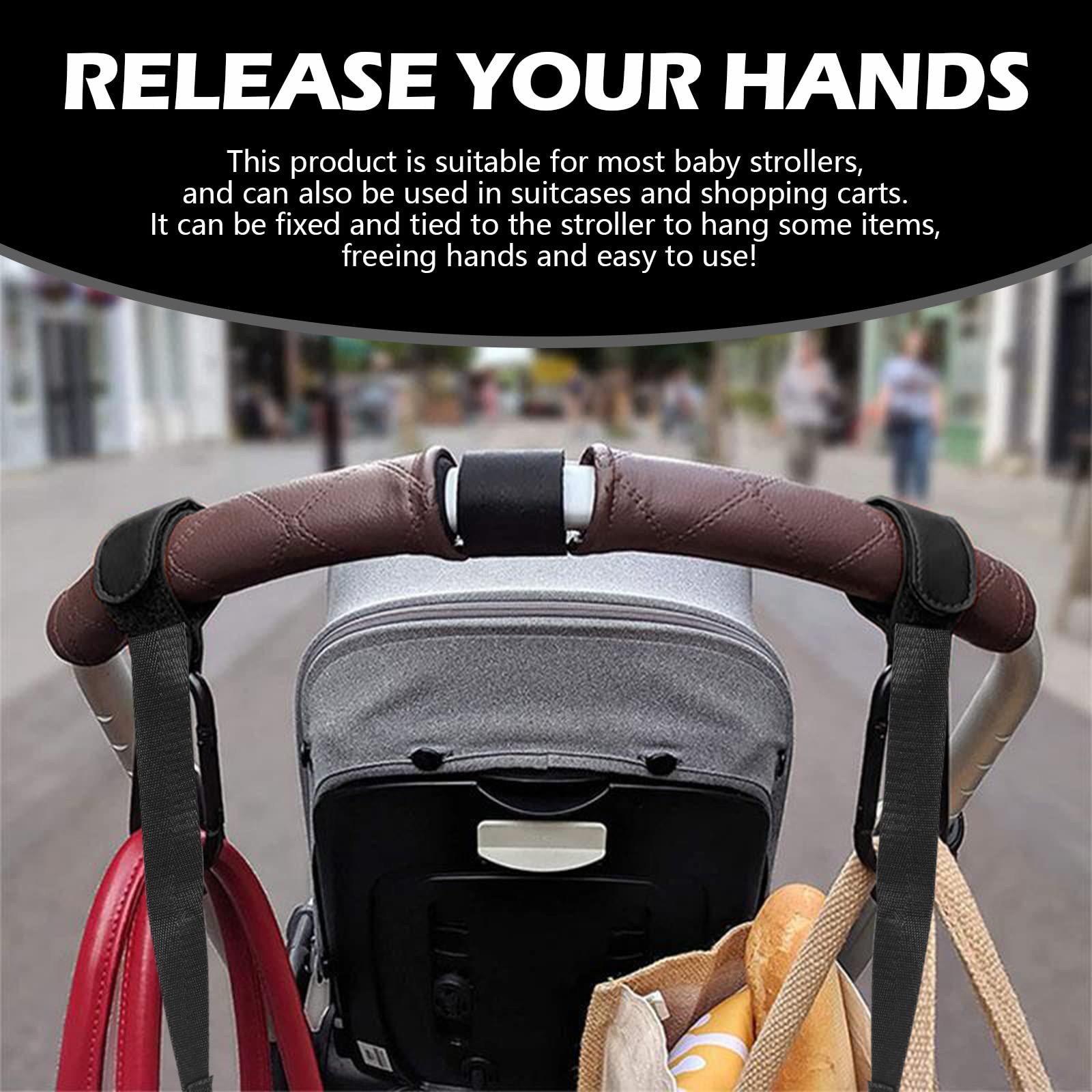 4Pcs Stroller Hooks, Heavy Duty Jogging Stroller Clips with Safety Wrist Strap, Universal Buggy Hooks, Pram Hook, Mommy Hooks for Hanging Diaper Bags and Purse (Black)