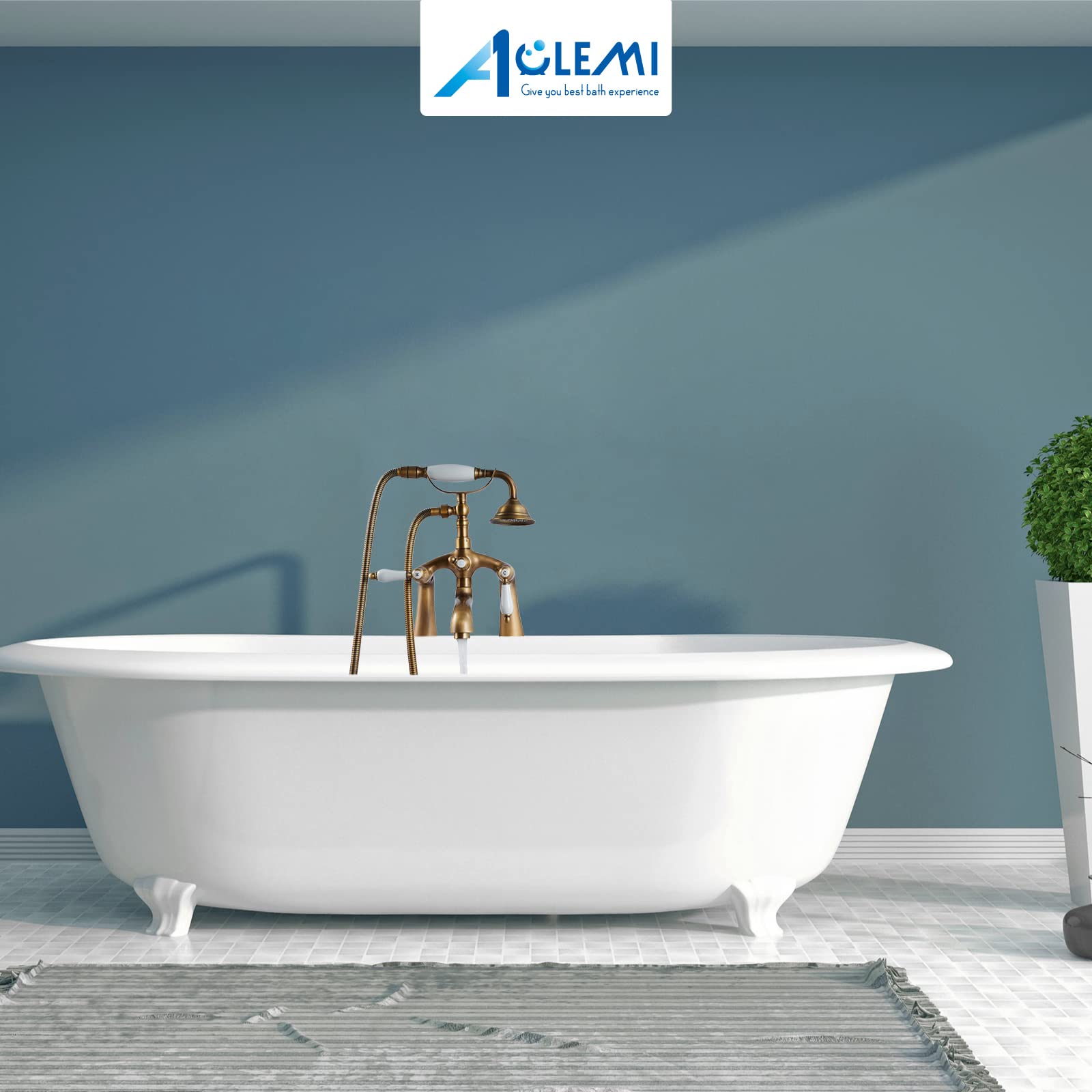 Aolemi Clawfoot Tub Faucet with Handheld Spray and Bathtub Spout Double Lever Handle Bathroom Mixer Tap Victoria Vintage Telephone Shape Shower Set Deck Mount Antique Brass