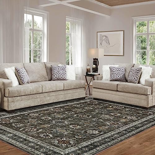 8x10 Area Rugs for Living Room: Large Machine Washable Rugs with Non-Slip Backing Non-Shedding Stain Resistant, Vintage Floral Carpet for Dining Room Bedroom Nursery Home Office - Gray/Black