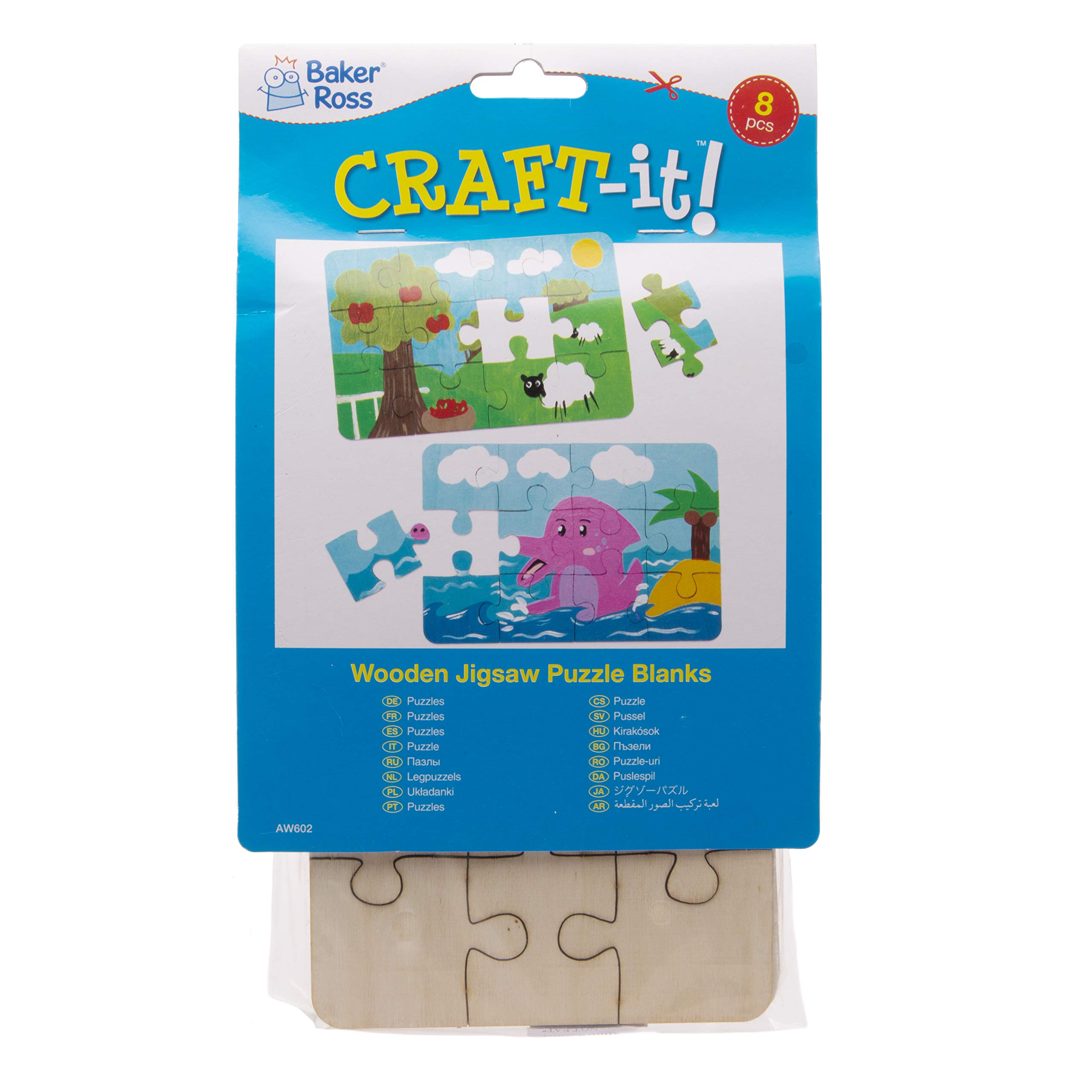 Baker Ross AW602 Wooden Jigsaw Puzzles - Pack of 8, Painting Arts and Crafts for Kids
