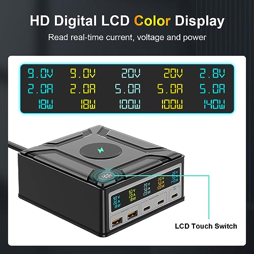 260W USB C GaN Charger, Ubigbuy 140W 5-Port PD3.1 USB C Charging Station,Desktop Wireless USB C Laptop Charger Portable Travel USB C Power Adapter Block for MacBook Pro Air iPad Pro iPhone Samsung