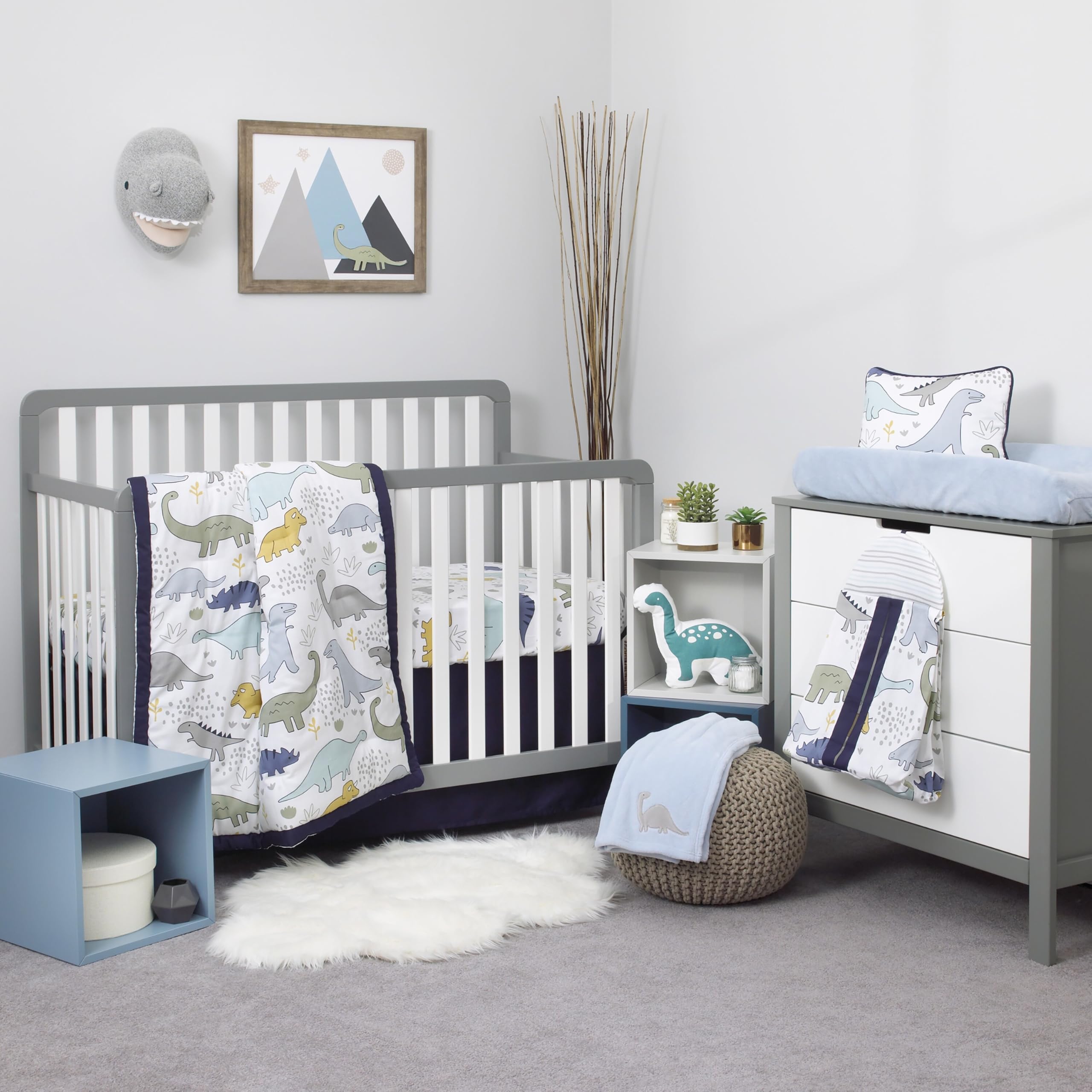 NOJO Dreamer Little Dinosaurs 8 Piece Nursery Crib Bedding Set, Navy Blue/Grey/White