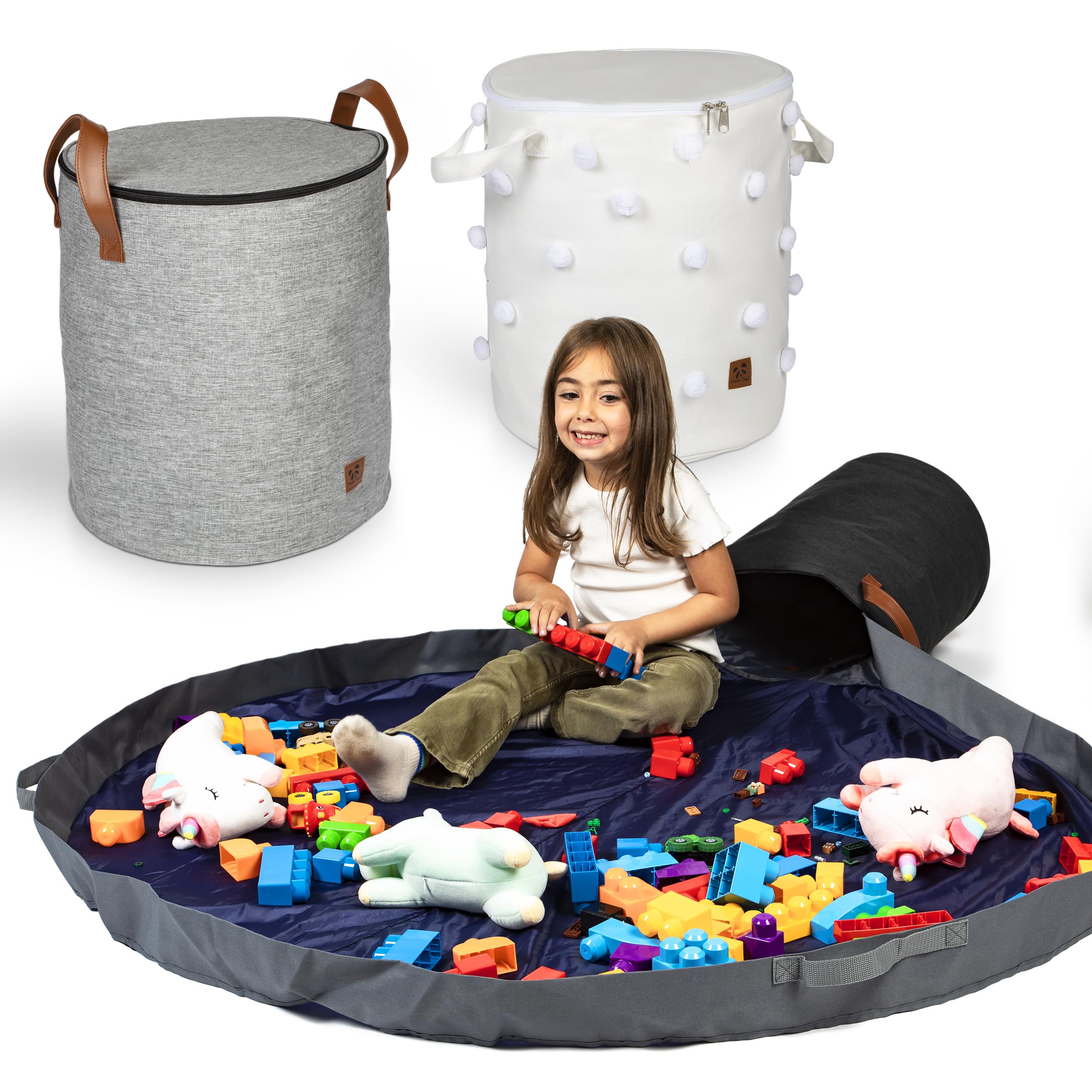 Toy Storage Basket and Playmat - Large Toy Blanket Storage Mat with Zippers - Slide Away Canvas Bag Storage Bin - Sturdy Kids Storage Baskets & Mat - Toy Bag Play Mat For Girls & Boys, Dark Charcoal