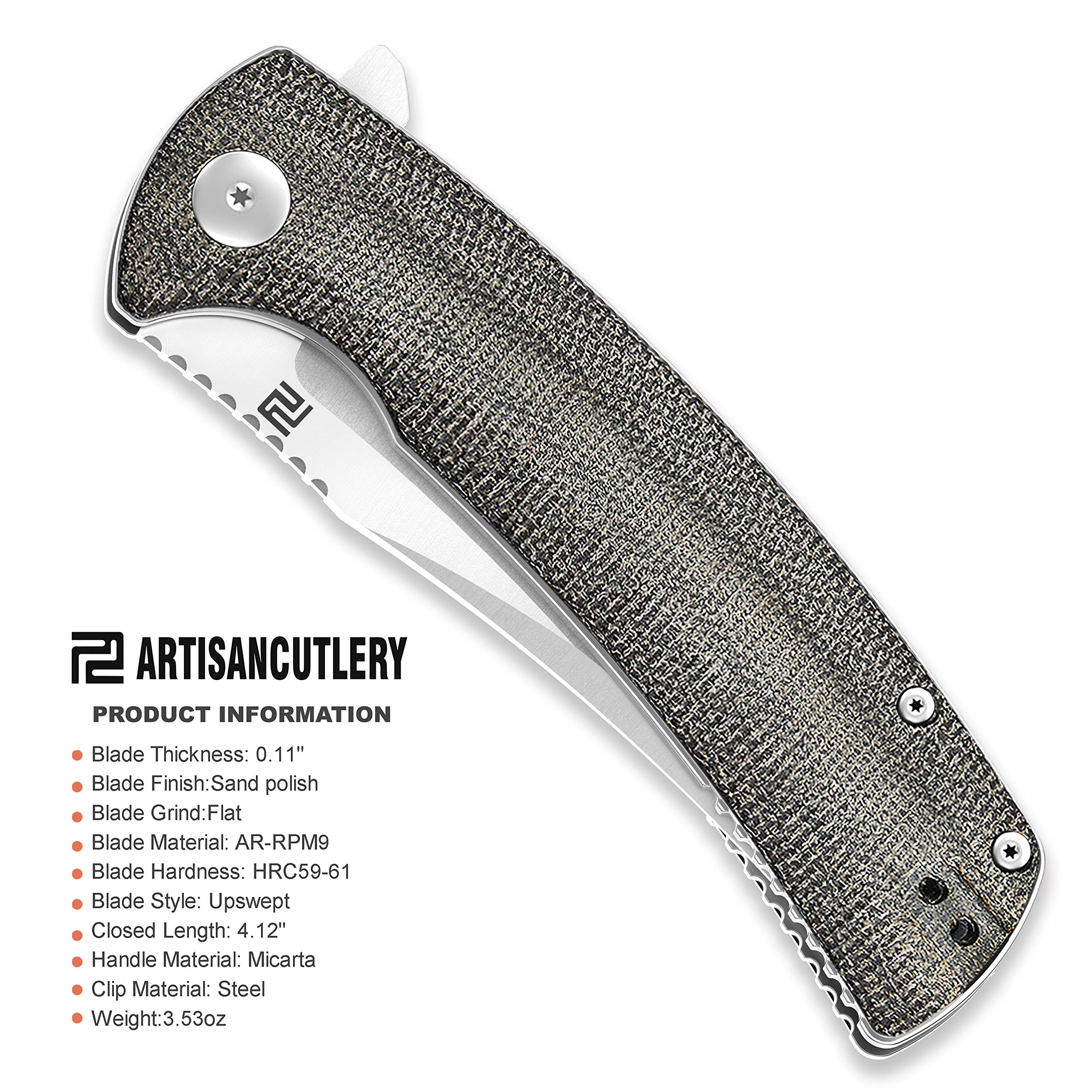 ARTISANCUTLERY Folding Knife Arroyo (ATZ-1845) AR-RPM9 Powder Steel Balde Micarta Tactical Handle Pocket Folding Knife EDC OD Green Micarta