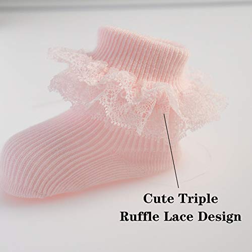 Mini angel Baby Lace Socks Newborn Girls Triple Lace Ruffle Frilly Socks Soft Cotton Turn Cuff Socks with Box Gift Set,3 Pairs,White/Pink,0-6 Months