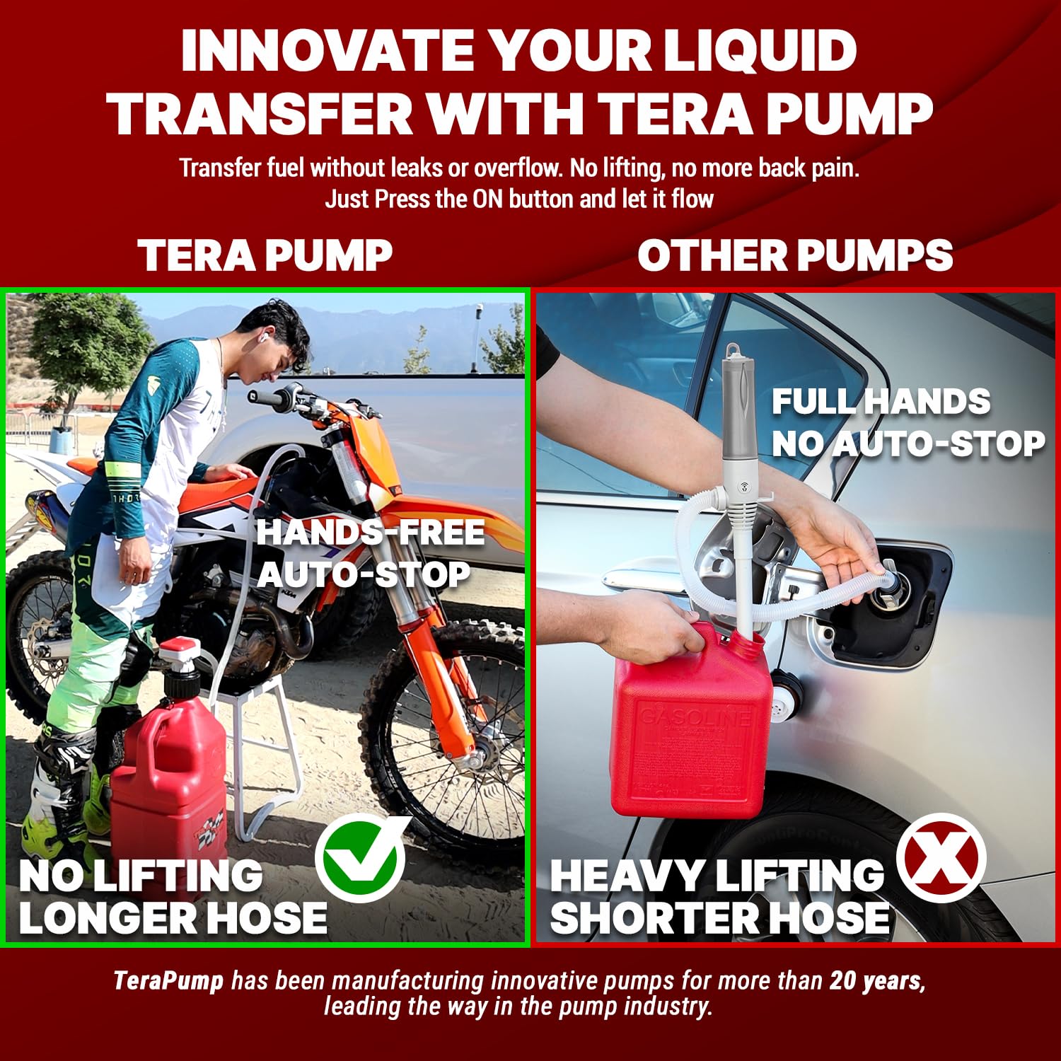 2PK of TERA PUMP TRFA01-XL 4 AA Battery Powered AUTO STOP Pump - Included 4x Gas Can/Racing Can Fittings 4.25ft Long Hose [ 2.3 GPM ] Transfer Rate For Gas Diesel E15 E85 Fuels (Gas Can Not Included)