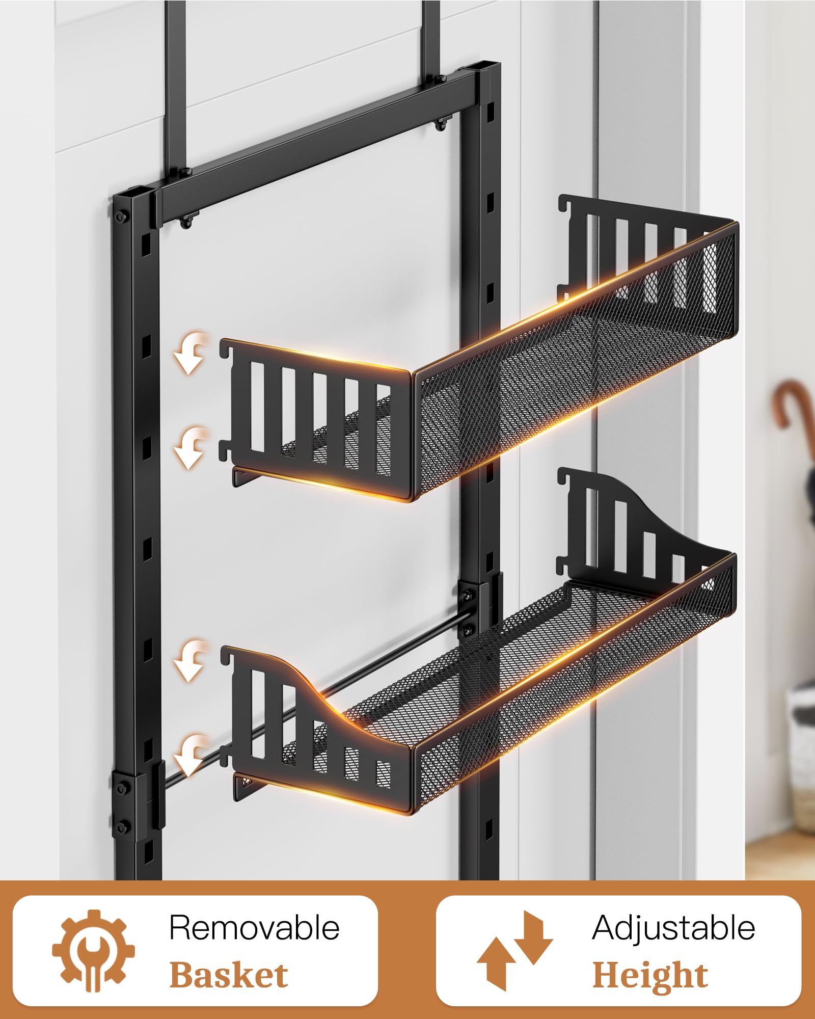 POKIPO 8-Tier Over the Door Pantry Organizer, Large Metal Door Spice Rack with Adjustable Basket, 2 in 1 Wall Mount or Hanging Heavy-Duty Pantry Door Storage Shelf for Kitchen and Bathroom, Black