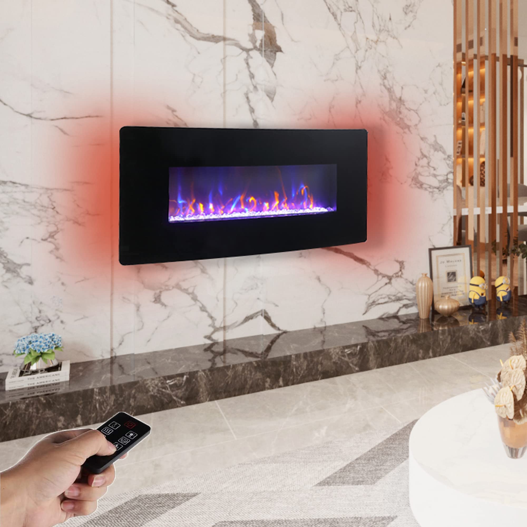 36" 1400W Curved Front Electric Fireplace,Freestanding or Wall Mounted Electric Fireplace with Remote Control & Adjustable Flame Color with Realistic 3D Flame Effect