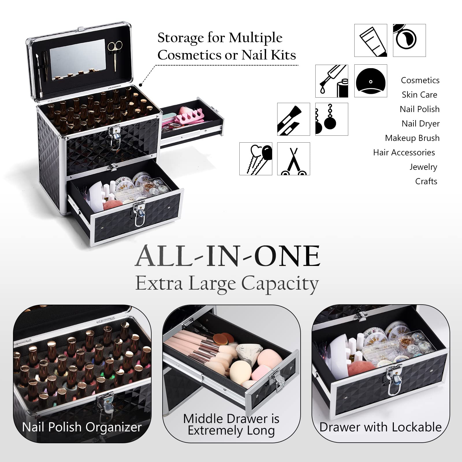 Frenessa Nail Polish Makeup Train Case with Drawer and Dividers Manicure Organizer Accessory Storage Makeup Box With Mirror Lockable Keys Nail Kit Organizer Cosmetic Case Jewelry Box - Black
