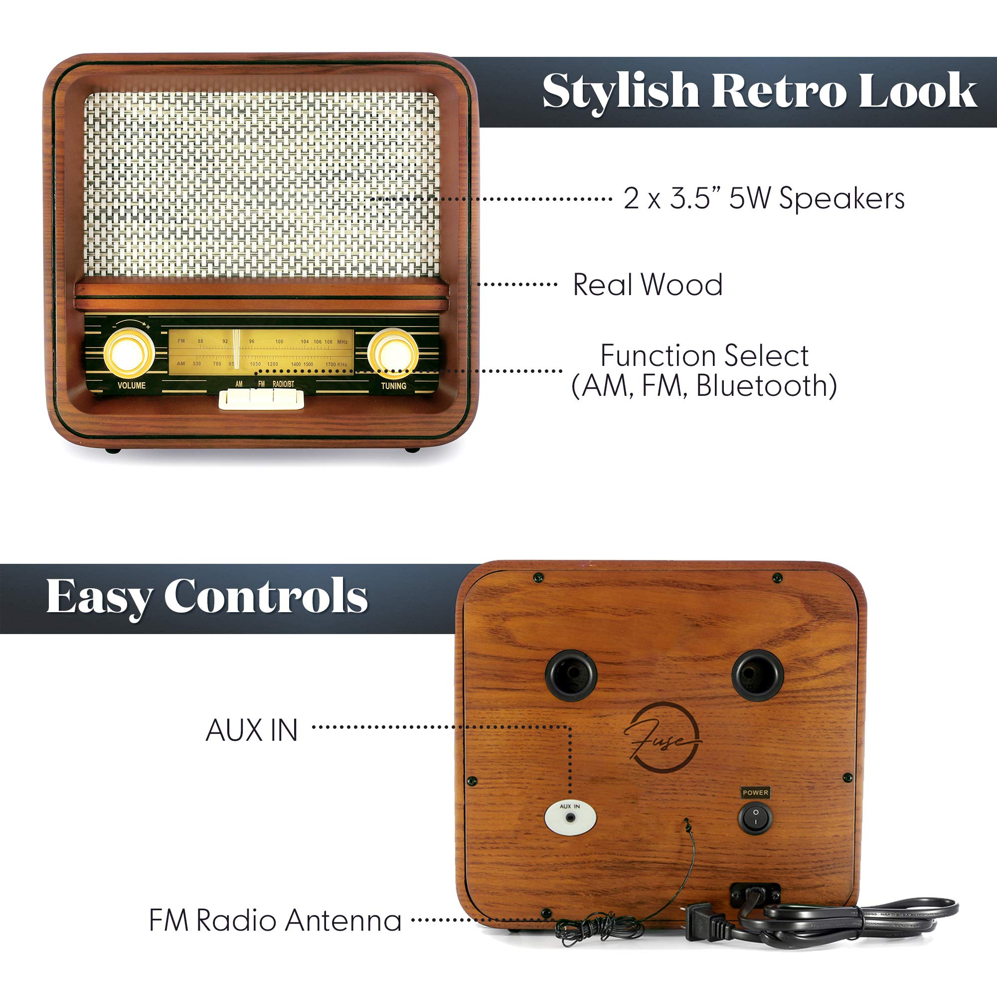 Fuse RAD-V1 Vintage Wood Retro Radio | AM/FM Radio Speaker with Bluetooth & AUX Input | Mid Century Modern Style | Real Handcrafted Ashtree Wood Exterior
