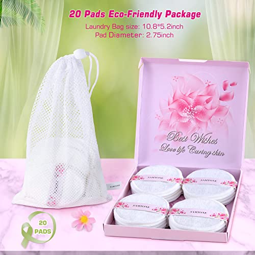 Samtone Reusable Makeup Remover Pads 20 Pack with Laundry Bag and Gift Box – 100% Organic Face Cleansing Reusable Cotton Rounds for Toner, Washable Eco-Friendly Bamboo Cotton Pads for All Skin White