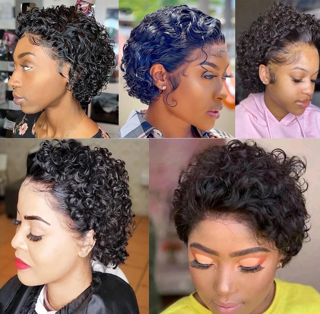Short Curly Human Hair Wigs Pixie Cut Bob Glueless Wigs Front for Black Women with Baby Hair, 13x1 Lace 180% Density Pre Plucked HD