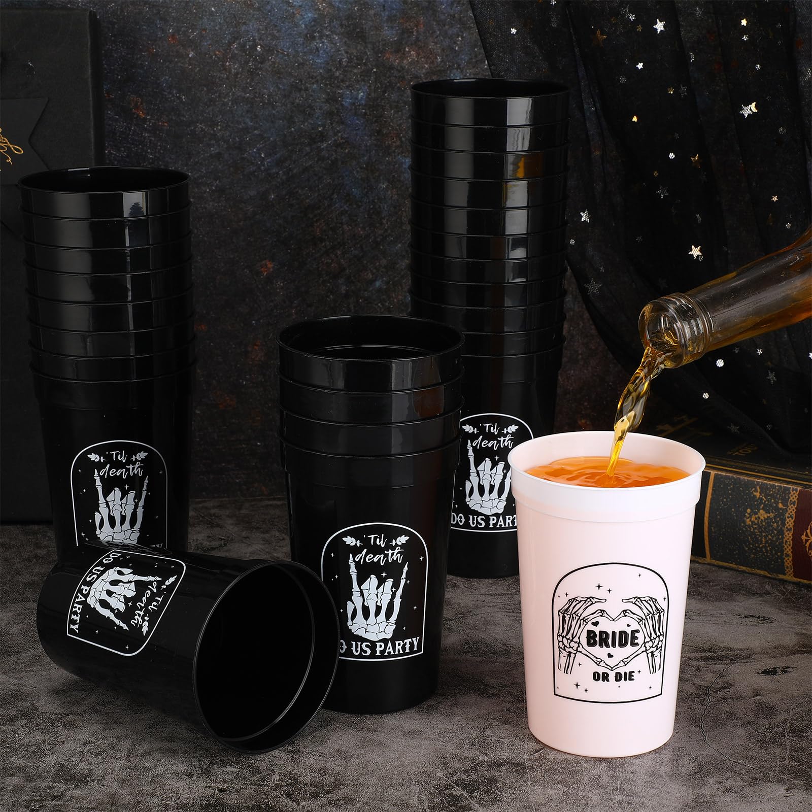 Zhehao 25 Pcs Bride or Die Bachelorette Party Themed Black White Cups 16 oz Skull Till Death Do Us Plastic Cup Reusable Bride Cups for Gothic Bridesmaid Bridal Shower Wedding Decorations Favors
