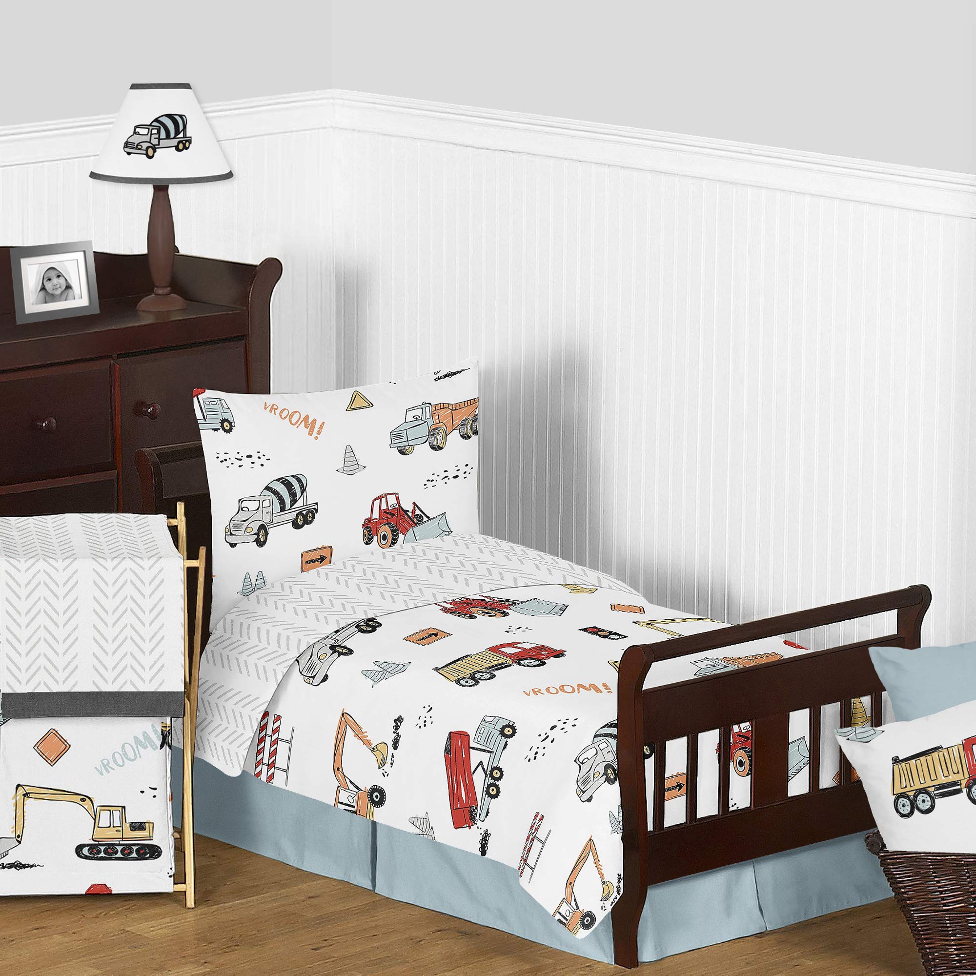 Sweet Jojo Designs Construction Truck Window Treatment Valance - Grey Yellow Orange Red and Blue Transportation