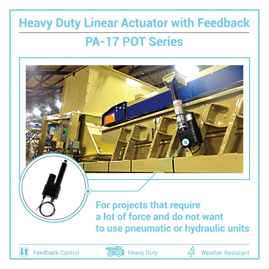 Progressive Automations 12V High Force Linear Actuator - 12 Inches Stroke, 2000 lbs Force, Heavy Duty Linear Actuator with Feedback Potentiometer IP65 Protection for Industrial Use, PA-17