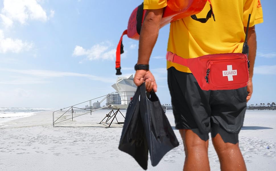 Dealmed Lifeguard Fanny Pack with Logo, E-Z Zipper Design and 3 Pockets, Red Fanny Pack (Pack of 1), Includes Adjustable Waist Strap and Zipper Pockets