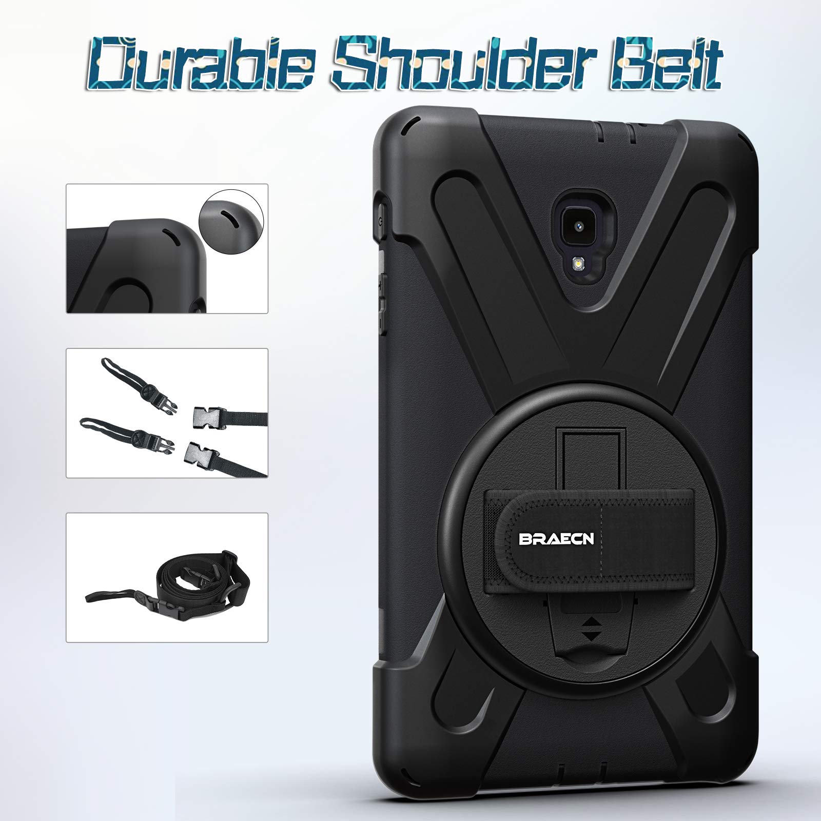 BRAECNstock for Samsung Galaxy Tab A 8.0 2017 Case (SM-T380/T385) Heavy Duty Shockproof Silicone Case with 360° Rotatable Stand&Hand Strap Shoulder Strap Galaxy Tab A SM-T380 Tablet Case Kids - Black