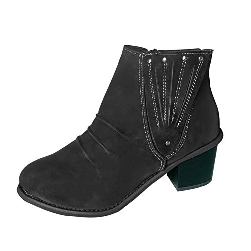 Padaleks Women's Closed Toe Side Zip Ankle Bootie Faux Leather Western Cowboy Stacked Heels Shoes Short Booties