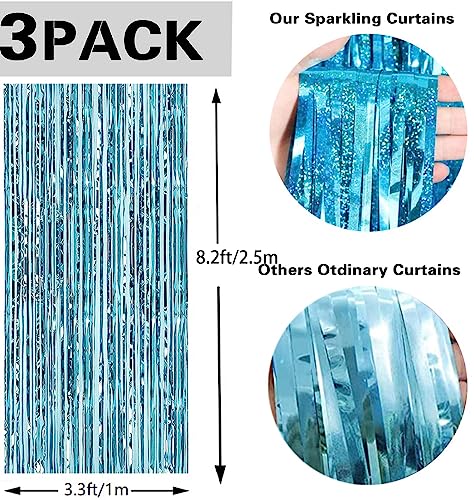 3 Pack Blue Metallic Tinsel Foil Fringe Curtains Backdrop，3.3 ft x 8.2 ft Blue Foil Fringe Curtains Decorations，for Photo Background Party Decorations,Graduation Decorations foil Fringe