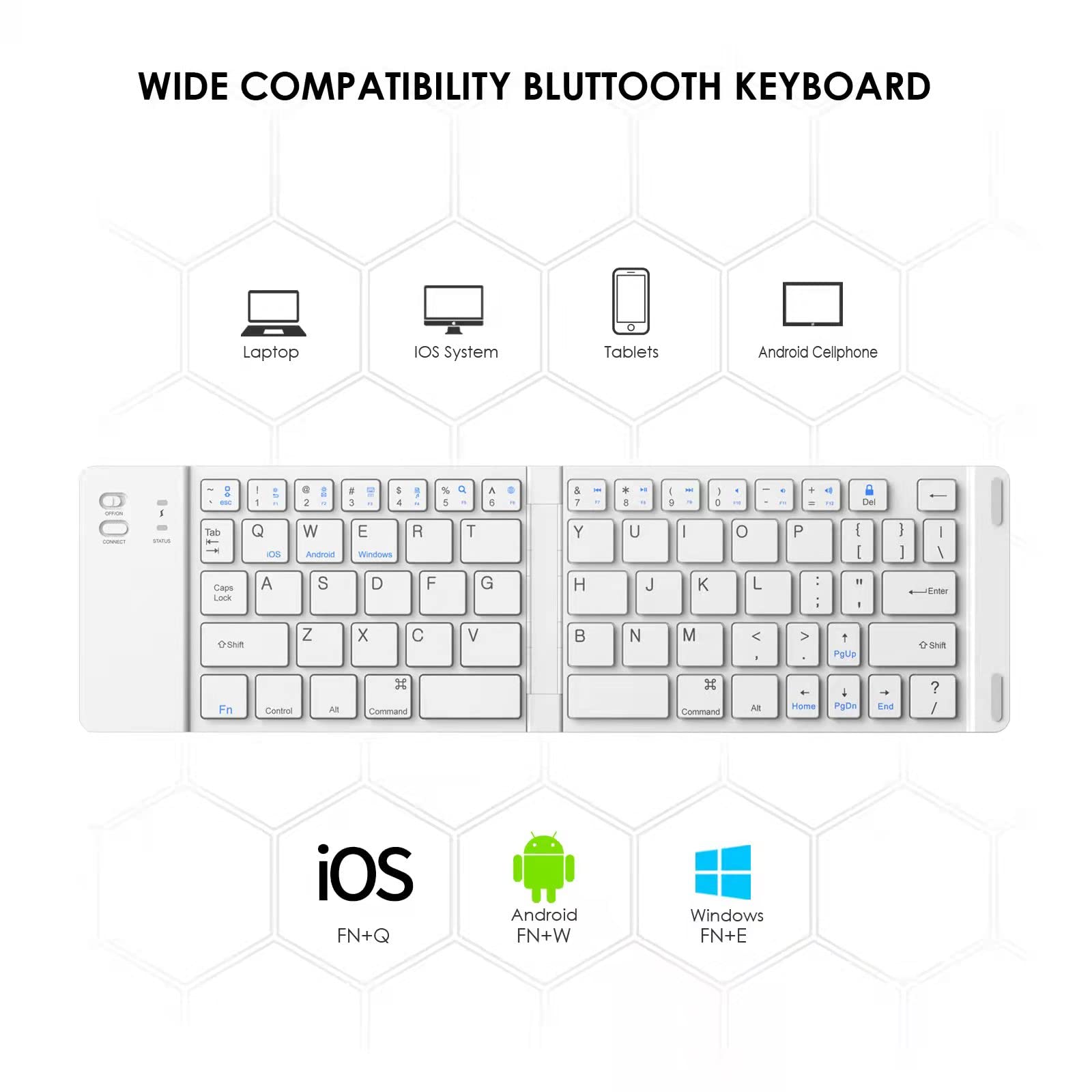IKOS Folding Bluetooth Wireless Keyboard Slim Pocket Portable Travel Foldable Full Size Keyboard with Stand Holder for iPhone6-13 Max iPad Mini/Pro/Air, iOS Android Windows Laptop Smartphone/Tablet