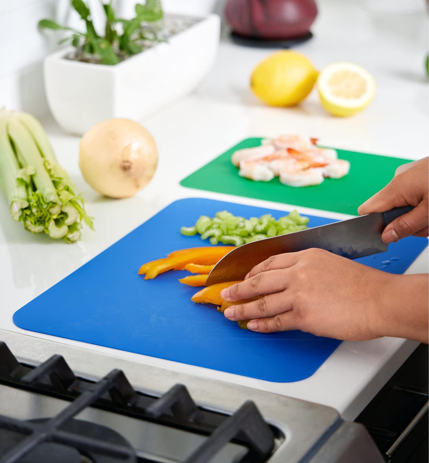 4pc Cutting Boards Flexible Plastic Color Coded Mats Food Icons Meat Vegetable Fish Chicken Chopping Small Busy Kitchen Countertops Catering Thanksgiving Picnic Dinner Party 9.75’’ x 11.75’’