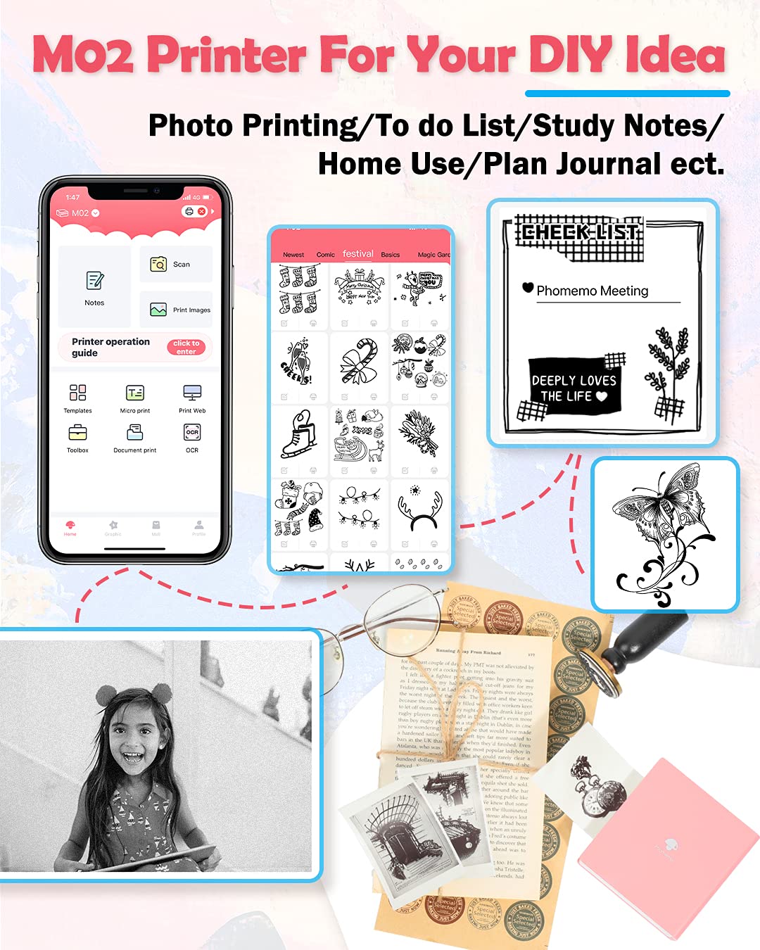 Phomemo-M02 Mini Pocket Printer- Bluetooth Wireless Thermal Portable Photo Printer, for Fun, Retro-Style Photos, Life Assistant, Good Gift, Pink