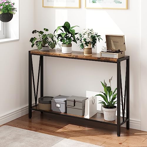 Amyove Console Table, 42.9" Rustic Entryway Table, Industrial 2-Tier Skinny Sofa Table with Shelf, Console Tables for Entryway, Living Room, Hallway, Foyer, Corridor, Office-Rustic Brown