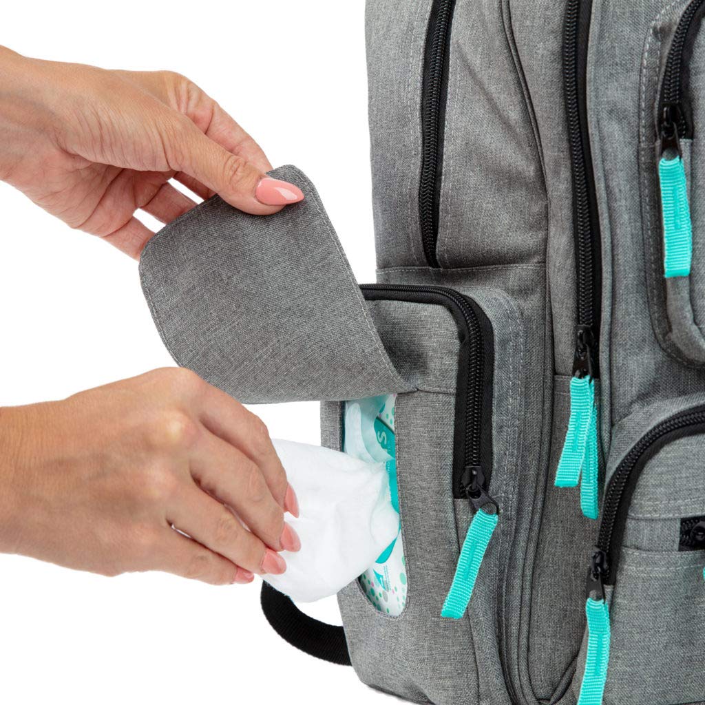 YavoBaby Diaper Bag Backpack - Large Capacity 18 Pocket Multi-Functional Unisex Diaper Bag - Extremely Durable and Stylish - Includes Changing Pad, Stroller Straps, and Nursing Pouch -Gray w/Teal Tags