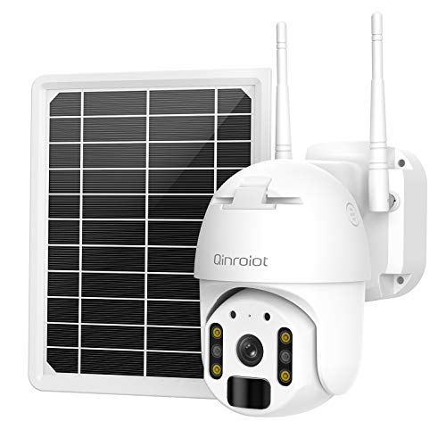 Qinroiot Solar Security Camera Outdoor,26000mAh Rechargeable Battery with WiFi/AP Mode Motion Detection Wireless 360°PTZ Camera,1080P Color Night Vision 2-Way Audio,IP66, Spotlight, Cloud/SD