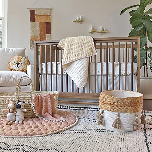 Crane Baby Fabric Storage Bin for Nursery and Toddlers, Toy Storage for Boys and Girls, Cream and Beige, 13" w x 12" h
