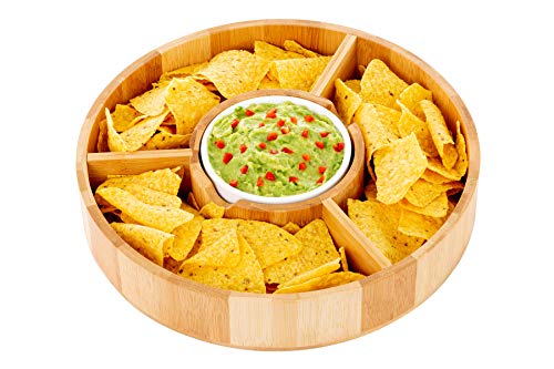 Chip and Dip Serving Bowl β Wooden Appetizer Platter Set with Dip Cup for Salsa, Guacamole, Nacho, Vegetables, Taco Chip, Snacks and More β 12 Inch Diameter