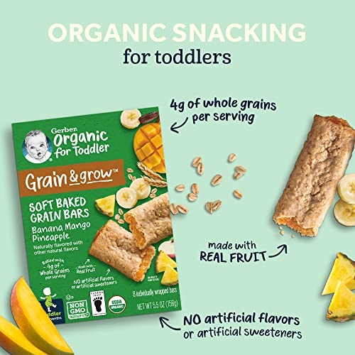 Gerber Snacks for Toddler Organic Soft Baked Grain Bars, Grain & Grow, Banana Mango Pineapple, 5.5 Ounce (Pack of 8)