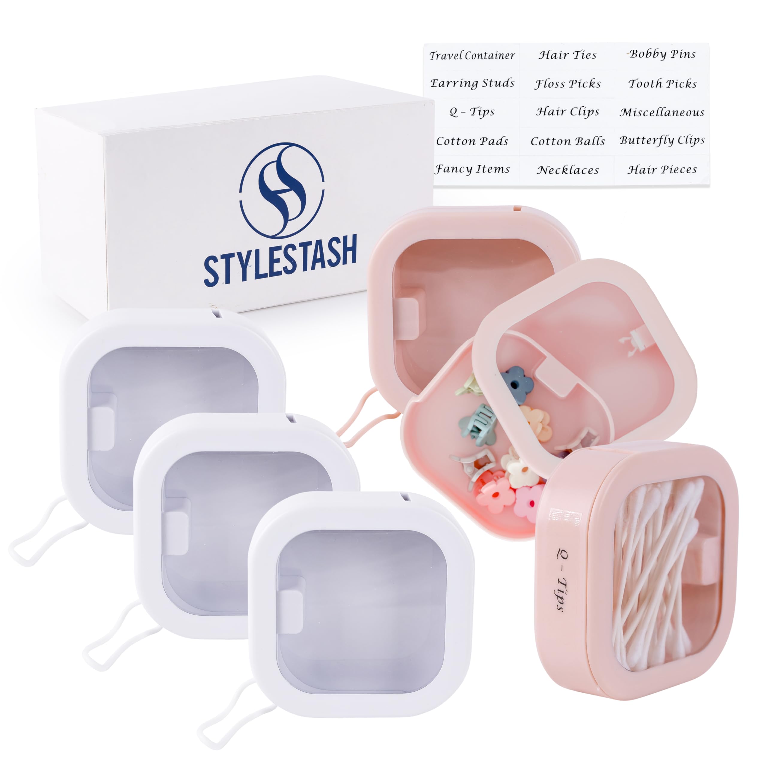 StyleStash 6 Pack Portable Hair Tie Organizer Box Set with Sticker Labels - Small Stackable Containers Make a Great Bobby Pin Holder, Cotton Swab Container, Travel Jewelry Storage Dispenser
