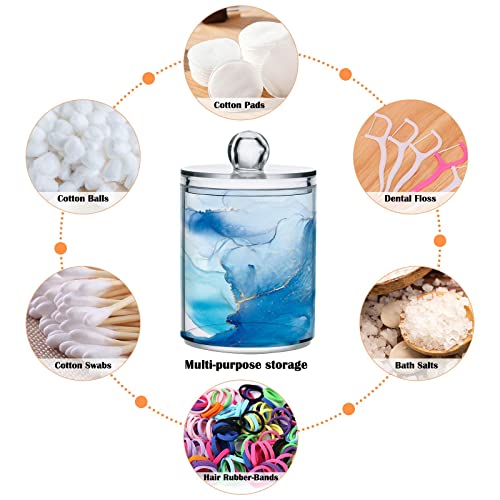 ALAZA 2 Pack Qtip Holder Dispenser Teal Turquoise Marble Bathroom Organizer Canisters for Cotton Balls/Swabs/Pads/Floss,Blue Marble Plastic Apothecary Jars for Vanity