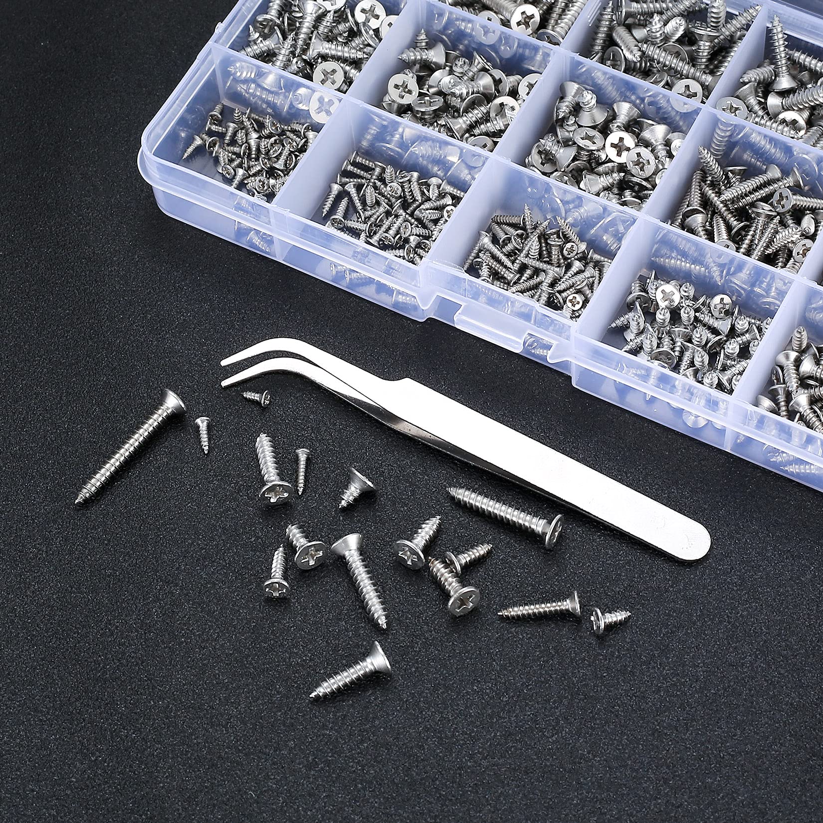 400 Pcs M3/M3.5/M4 Wood Screws, Torx Head Pan Head Self Tapping Screws, Stainless Steel Flat Head Drywall Screws Assortment Kit for Wood, with 3 Pcs Bits (400 Silver)