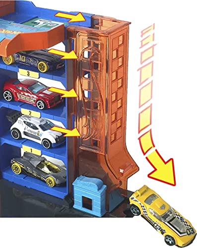 Hot Wheels City Toy Car Track Set Downtown Car Park Playset with 1:64 Scale Vehicle, 4 Levels, Working Lift & Exit Chute