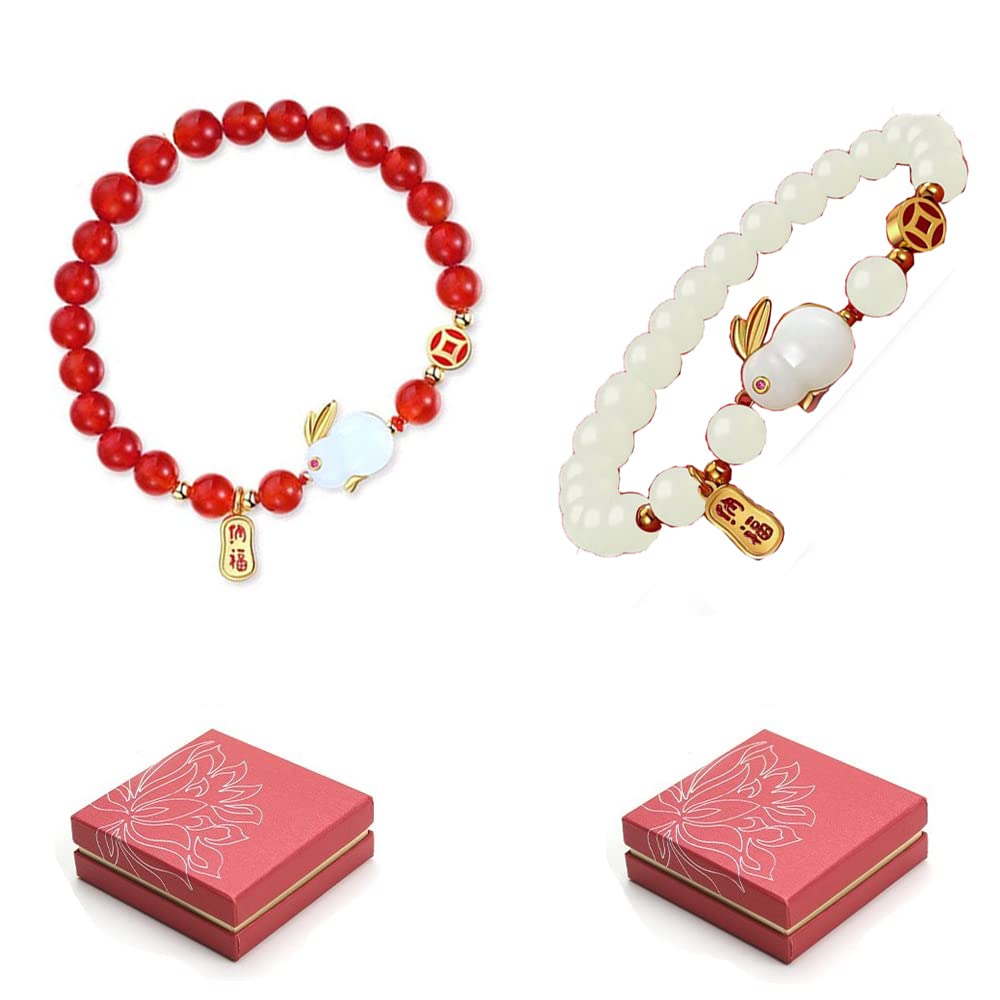 2023 Chinese Style Rabbit Year Beads Bracelet Adjustable Bangle Women Gift, Adjustable Bracelet for Women Girls Jewelry (Red+White)
