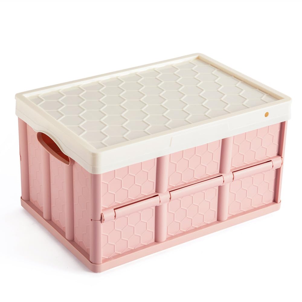 Radefasun Foldable Storage Bins with Lids and Wheel Plastic Collapsible Storage Box Portable Stackable Grocery Books Container Folding Latching Storage Crate for Indoor Outdoor (Pink, L)