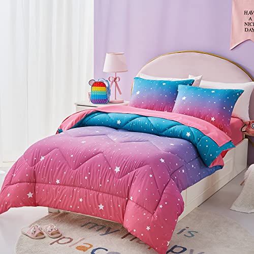 ART DEMO Rainbow Pastel Purple Comforter Sets for Teen Girls, Full Size 5 Pieces Bed in a Bag, Ultra Soft Microfiber Comforter and Sheet Sets, Cooling Summer Dorm Bedding Set