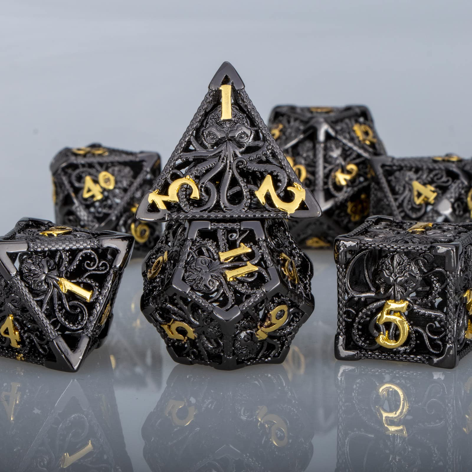 ARUOHHA Dungeons and Dragons Dice DND Metal Dice Set Mind Flayer D and D Dice for Pathfinder MTG Role Playing Dice Hollow Polyhedral Dice Black D&D Dice Set with Gift Box D20 D12 D10 D8 D6 D4