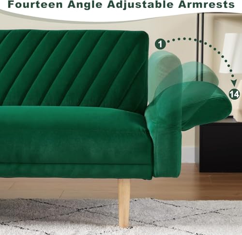 78''Futon Sofa Bed, Velvet Sofa Bed, Convertible Sleeper Bed with Adjustable Armrests and Backrest, Modern Sofa, Loveseat Sleeper with 2 Pillows, Small Futon Couch for Living Room (Matcha Green)