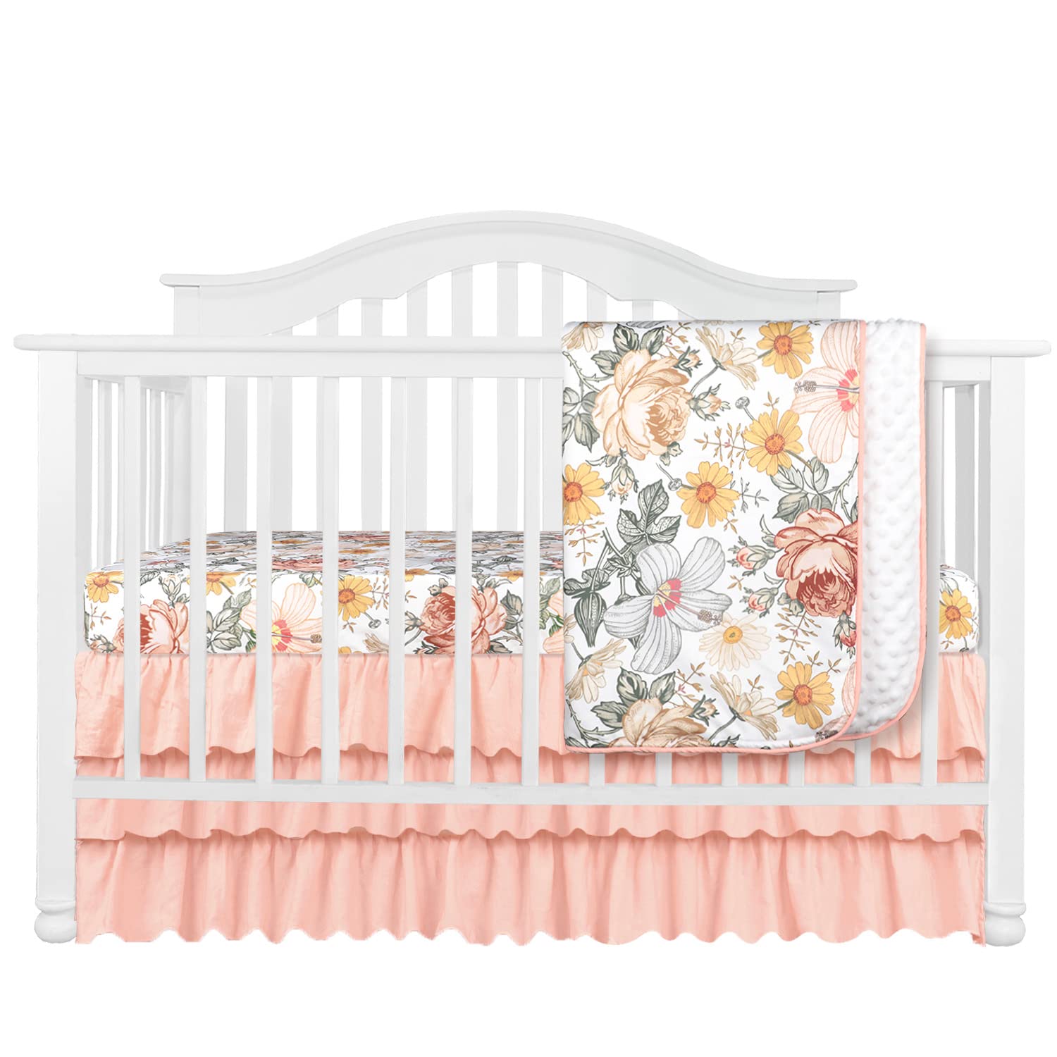 3PCS Crib Bedding Set Baby Minky Blanket Nursery Bed Skirt Set for Baby Girls & Boys (Retro Chrysanthemum,3pc Set)