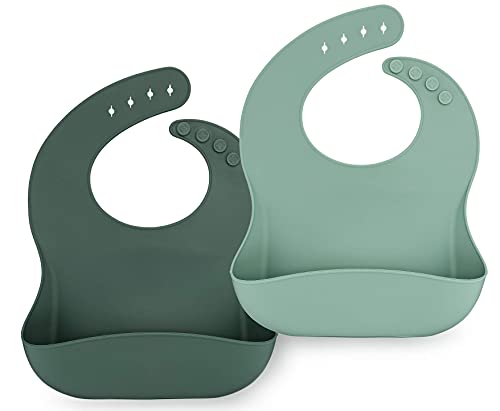 AVA + OLIVER Silicone Bib Set - Adjustable Waterproof Bibs - Set of 2 (Forest)