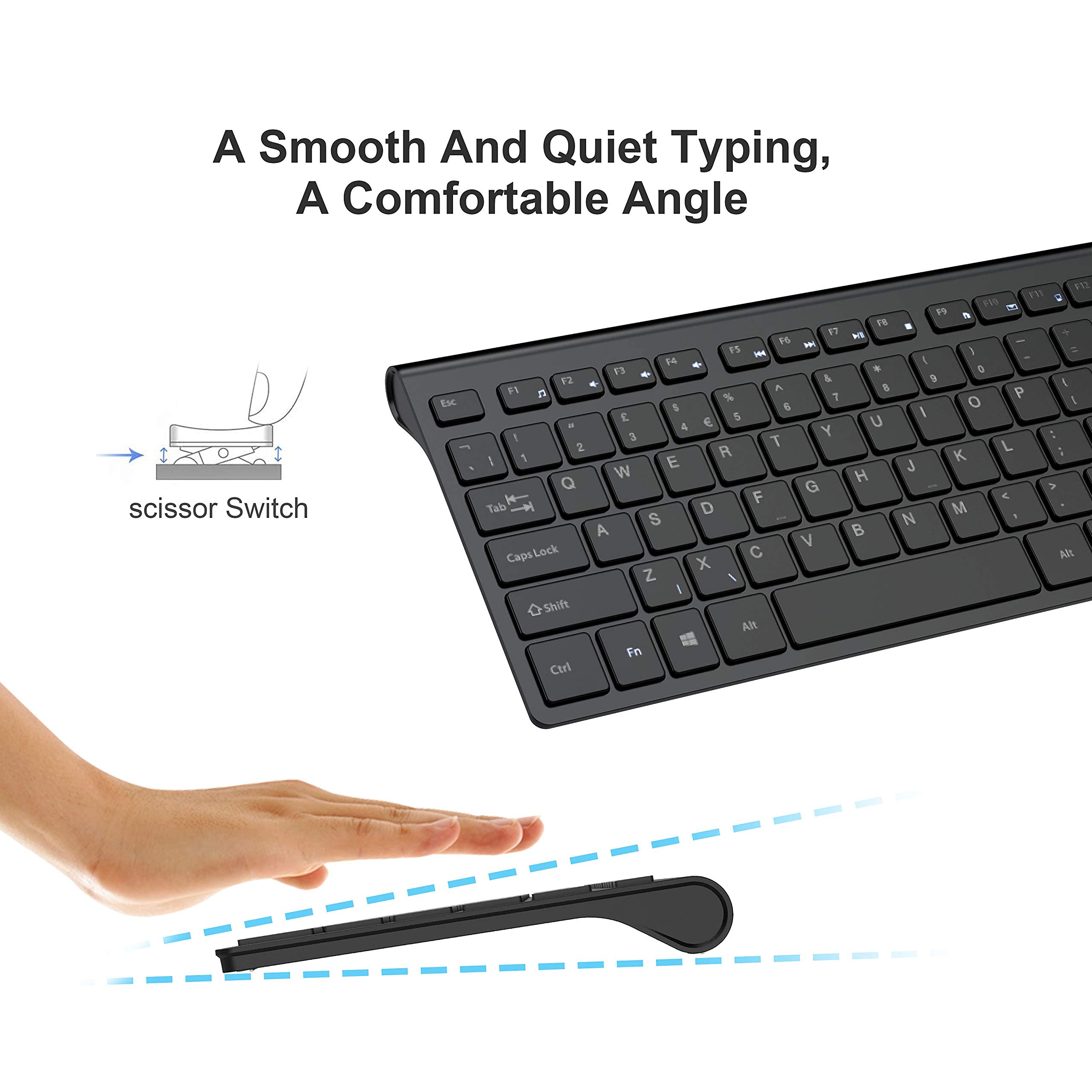 Wireless Keyboard and Mouse, J JOYACCESS 2.4G USB Ultra Slim Full Size Ergonomic Rechargeable Keyboard and Slient Cordless Mouse with Back/Forward Buttons for Mac/Windows/Laptop/Desktop - Black