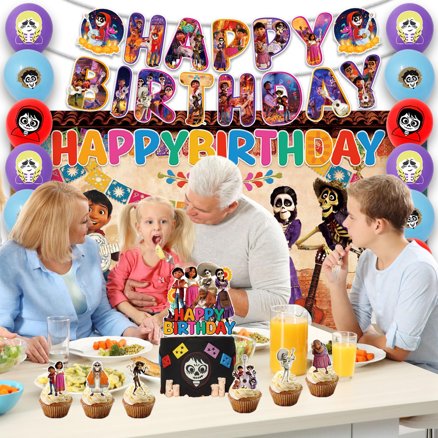 42pcs Coco Birthday Party Supplies Pack Includes,Banner,Cake Topper,Blackdrop,Balloons for Coco party supplies