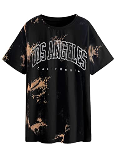 Avanova Women's Letter Print Oversized Short Sleeve Tee Crewneck Casual Loose Fit T Shirt Tie Dye Brown X-Large