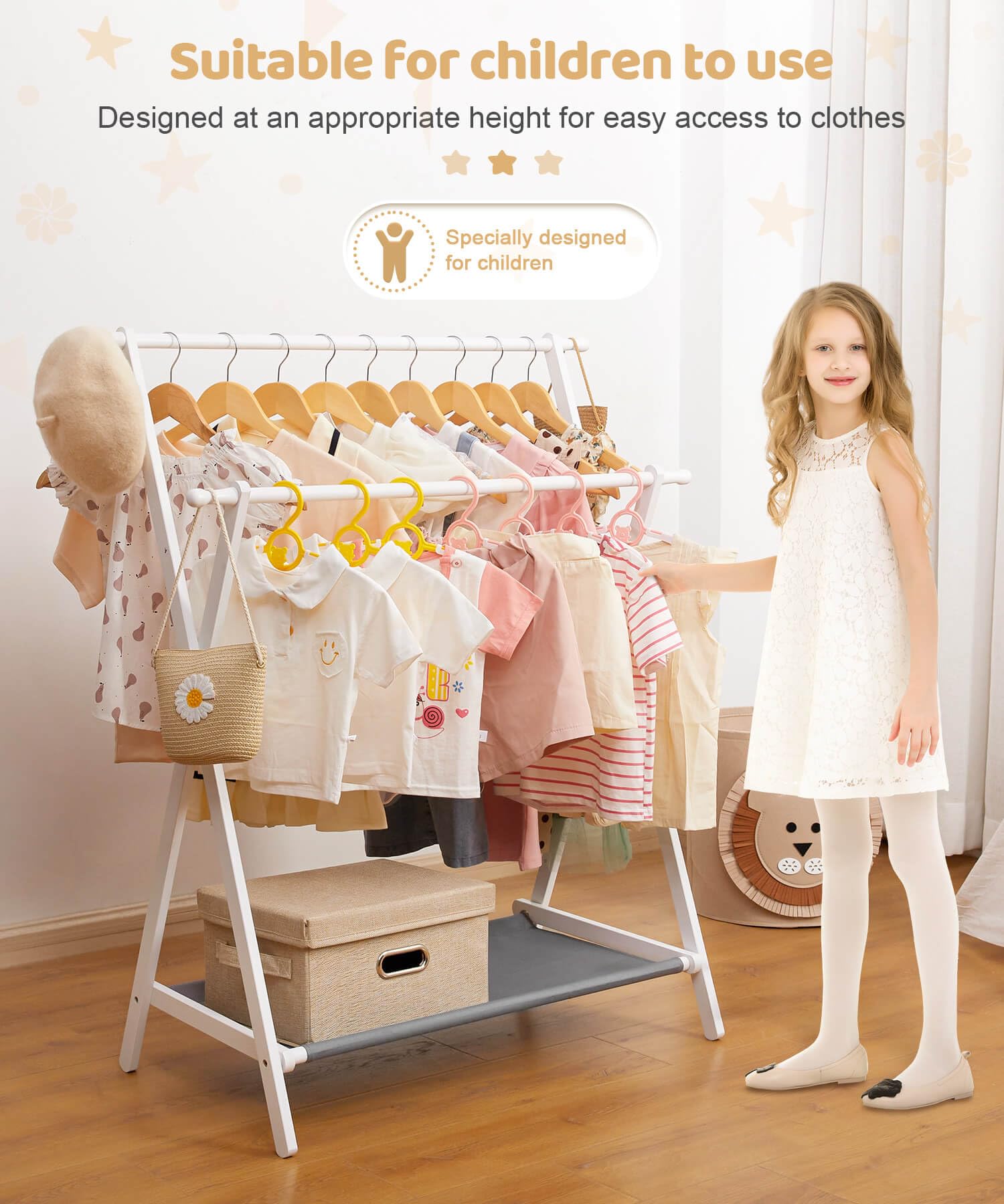 Cozivolife Kids Clothing Rack with 2 Hanging Rods and 4 Hooks, Kids Dress Up Rack with Bottom Storage Shelf, Child Garment Rack, Small and Foldable, Bamboo (White)
