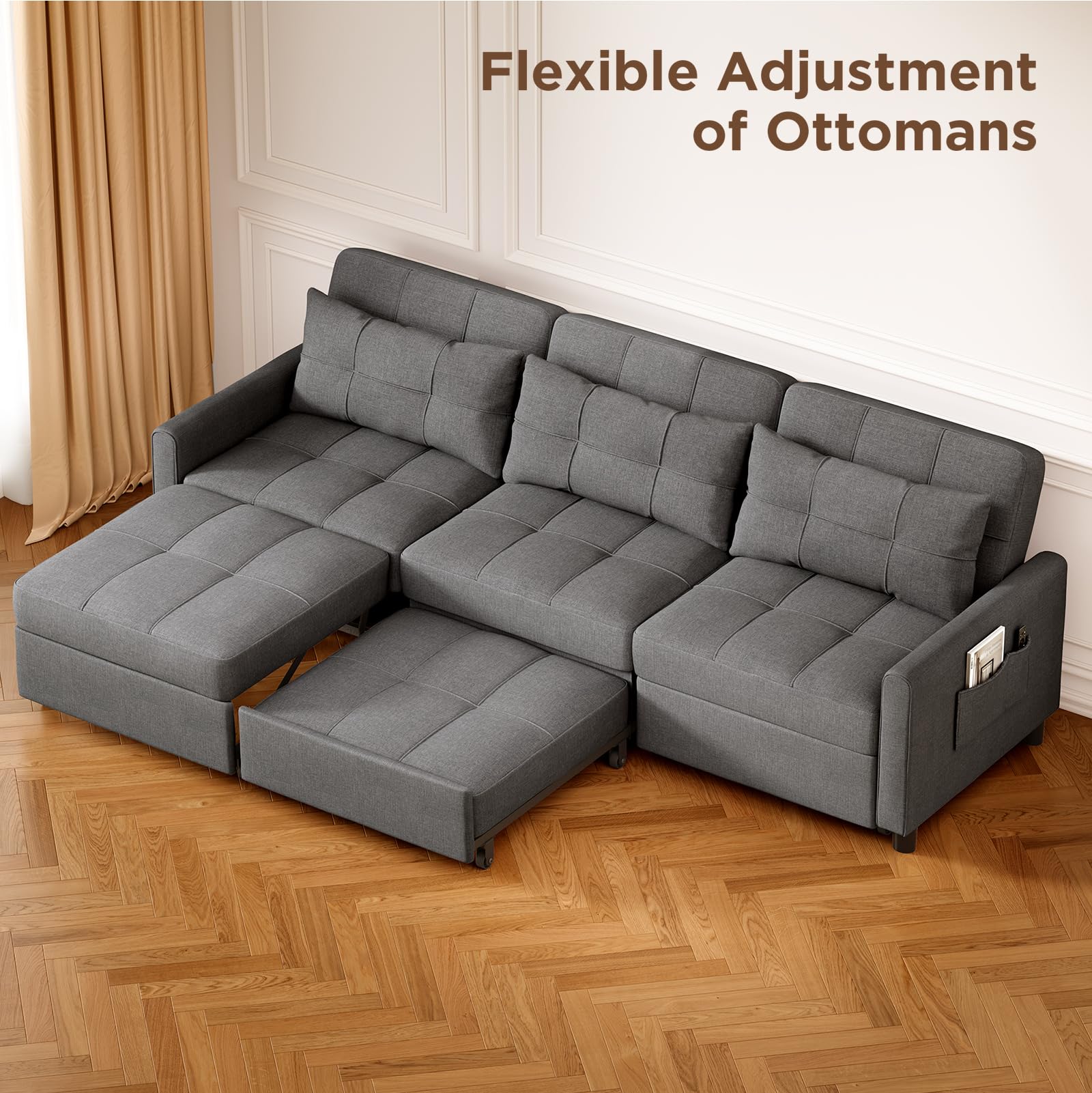 Aiho 84 Inch Convertible Sectional Sleeper Sofa, Pull Out Sofa Bed with Adjustment Backrest & Ottoman, Sectional Couch Bed for Living Room, Guest Room, Dark Grey